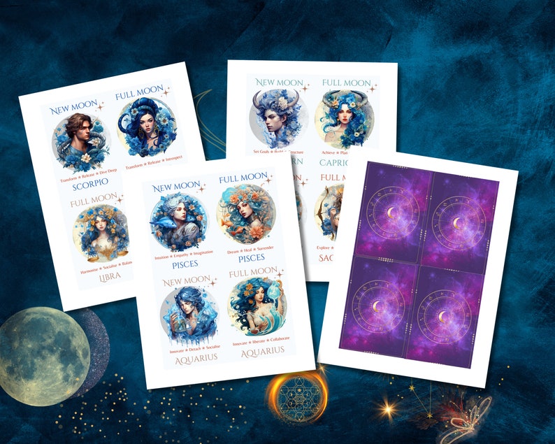 Zodiac Moon Altar Cards, Printable Moon Deck, Full Moon and New Moon ...