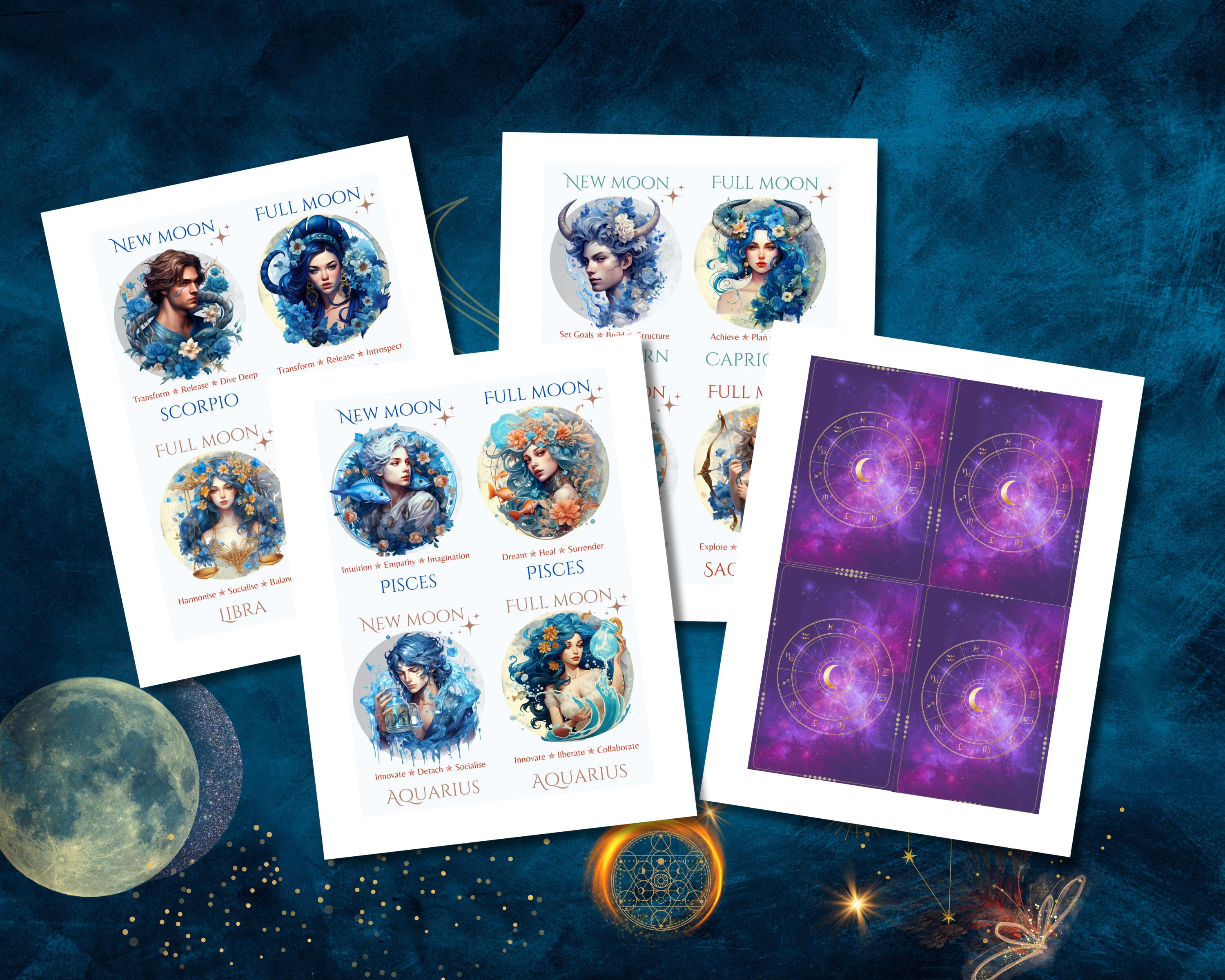 Zodiac Moon Altar Cards, Printable Moon Deck, Full Moon and New Moon ...
