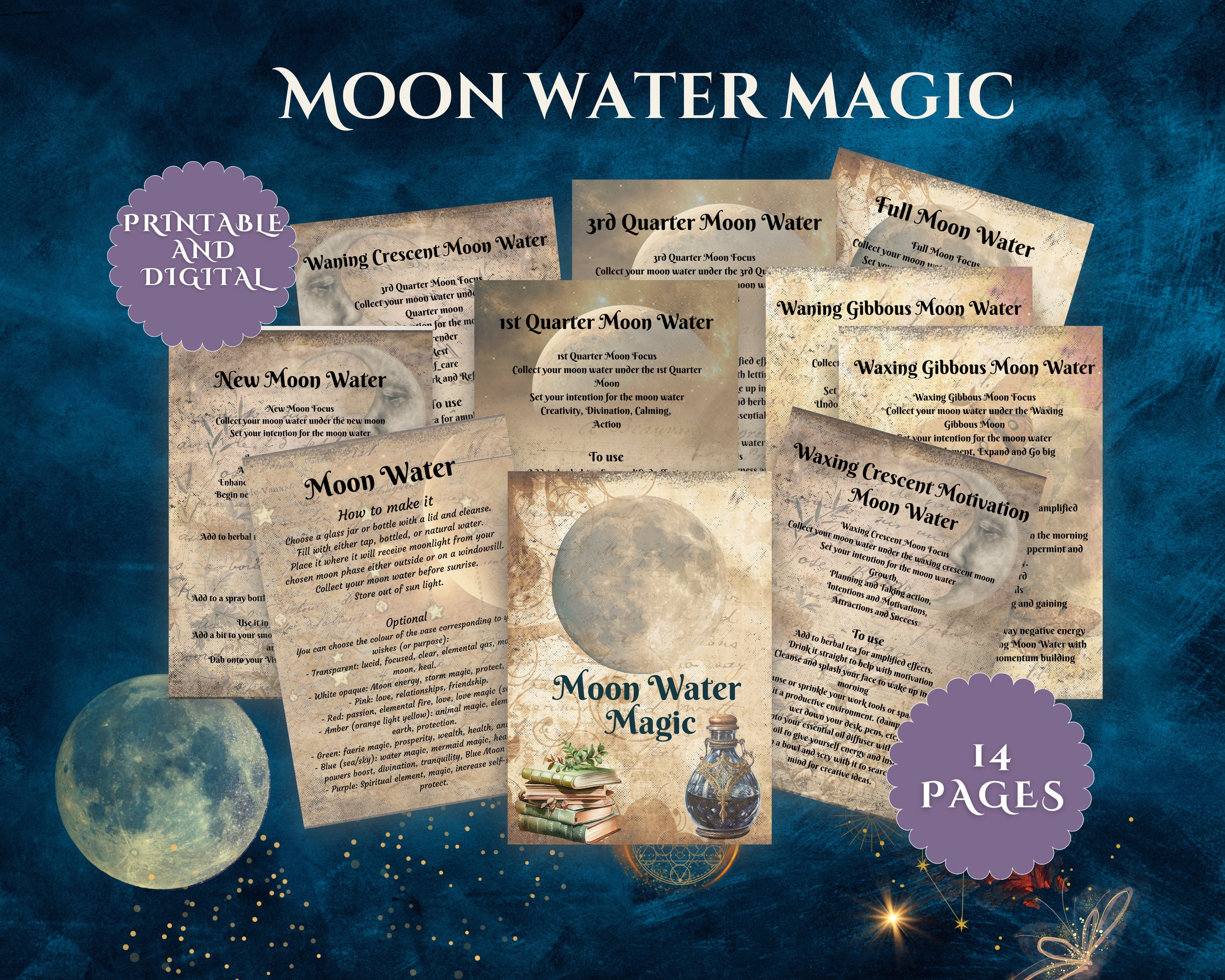 Moon Water Grimoire Pages, Printable and Digital, Book of Shadows, Moon ...