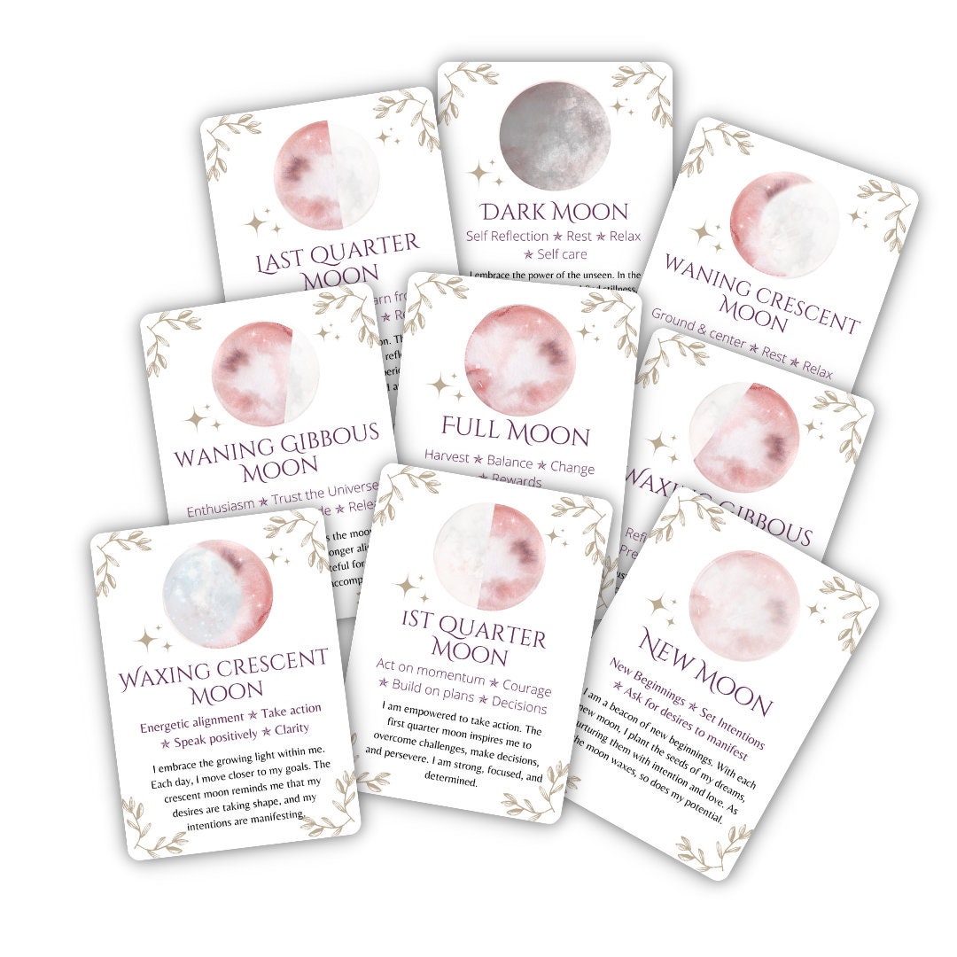 Moon Altar Cards Printable All 9 Moon Phases, Pink Digital PDF, Moon ...
