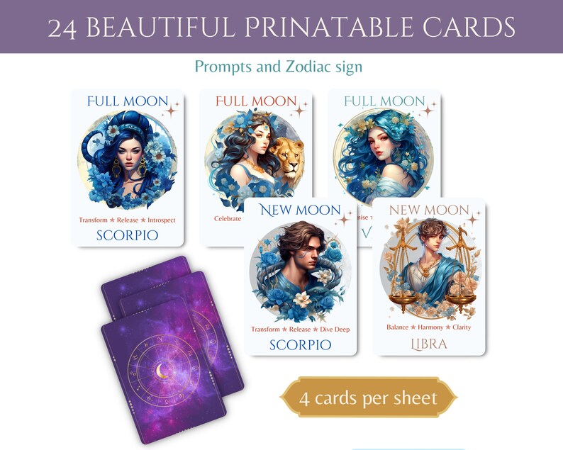 Zodiac Moon Altar Cards, Printable Moon Deck, Full Moon and New Moon ...