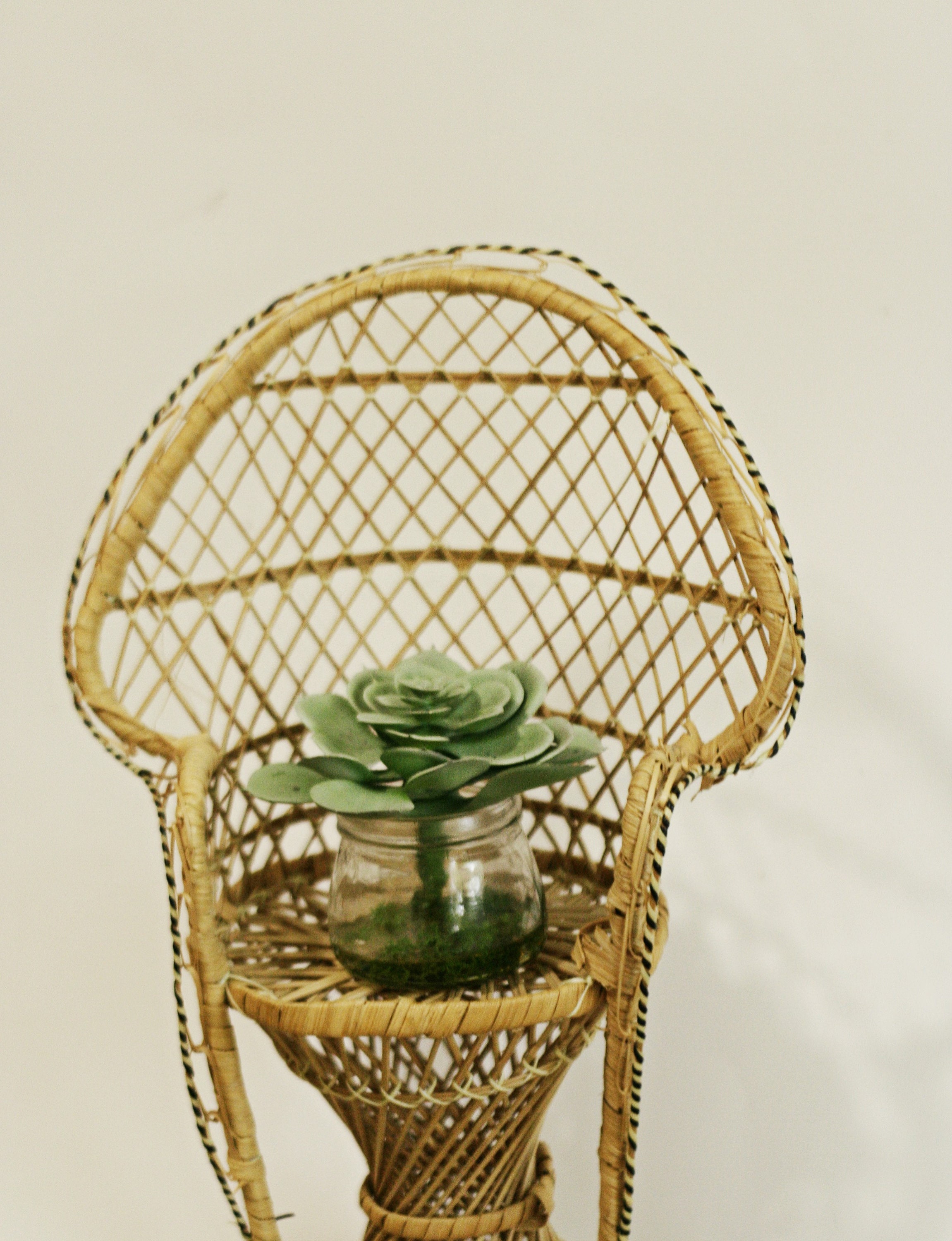 Vintage Small Wicker Peacock Plant Stand Chair Woven Rattan Boho Decor 1960s 1970s Retro Mini