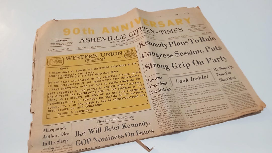 1960s Kennedy JFK Newspaper Asheville Citizen Times 90th Anniversary ...