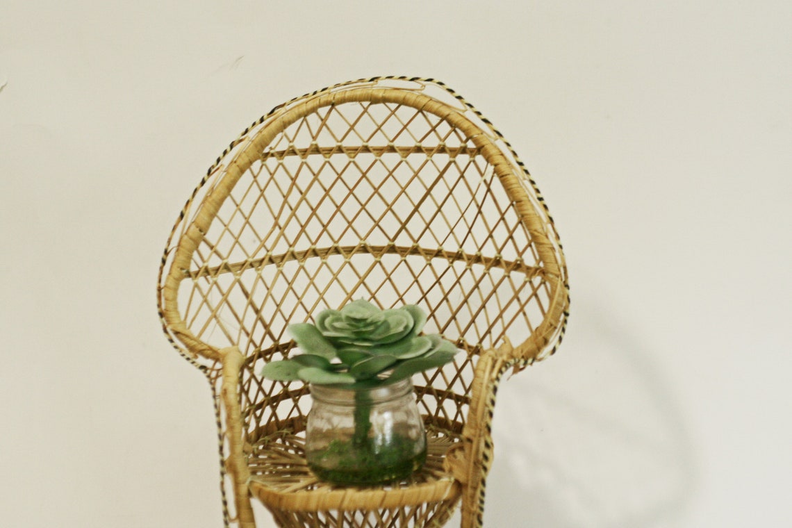 Vintage Small Wicker Peacock Plant Stand Chair Woven Rattan Boho Decor 1960s 1970s Retro Mini