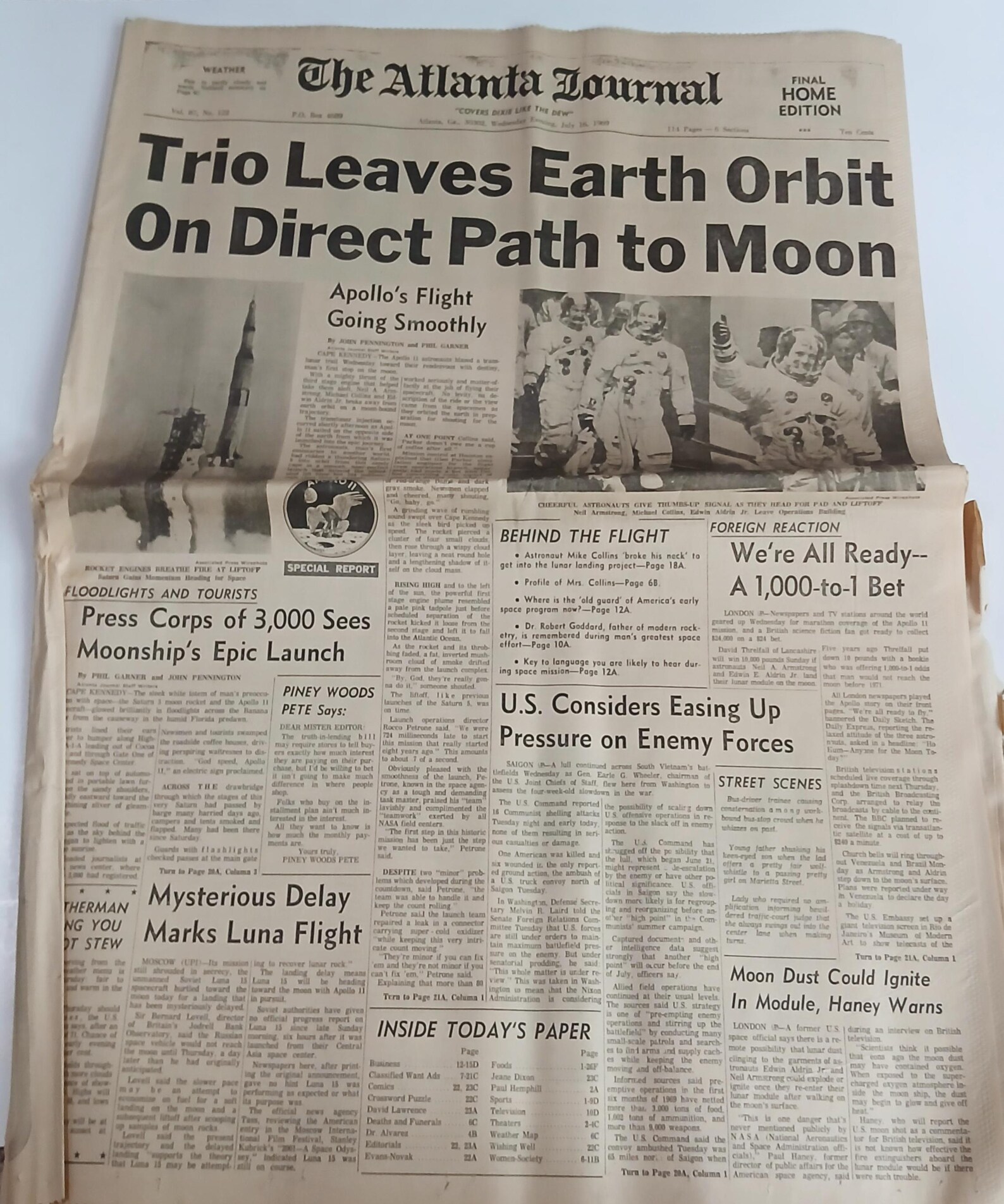 July 16, 1969 Apollo 11 Headline Newspaper the Atlanta Journal Vintage ...