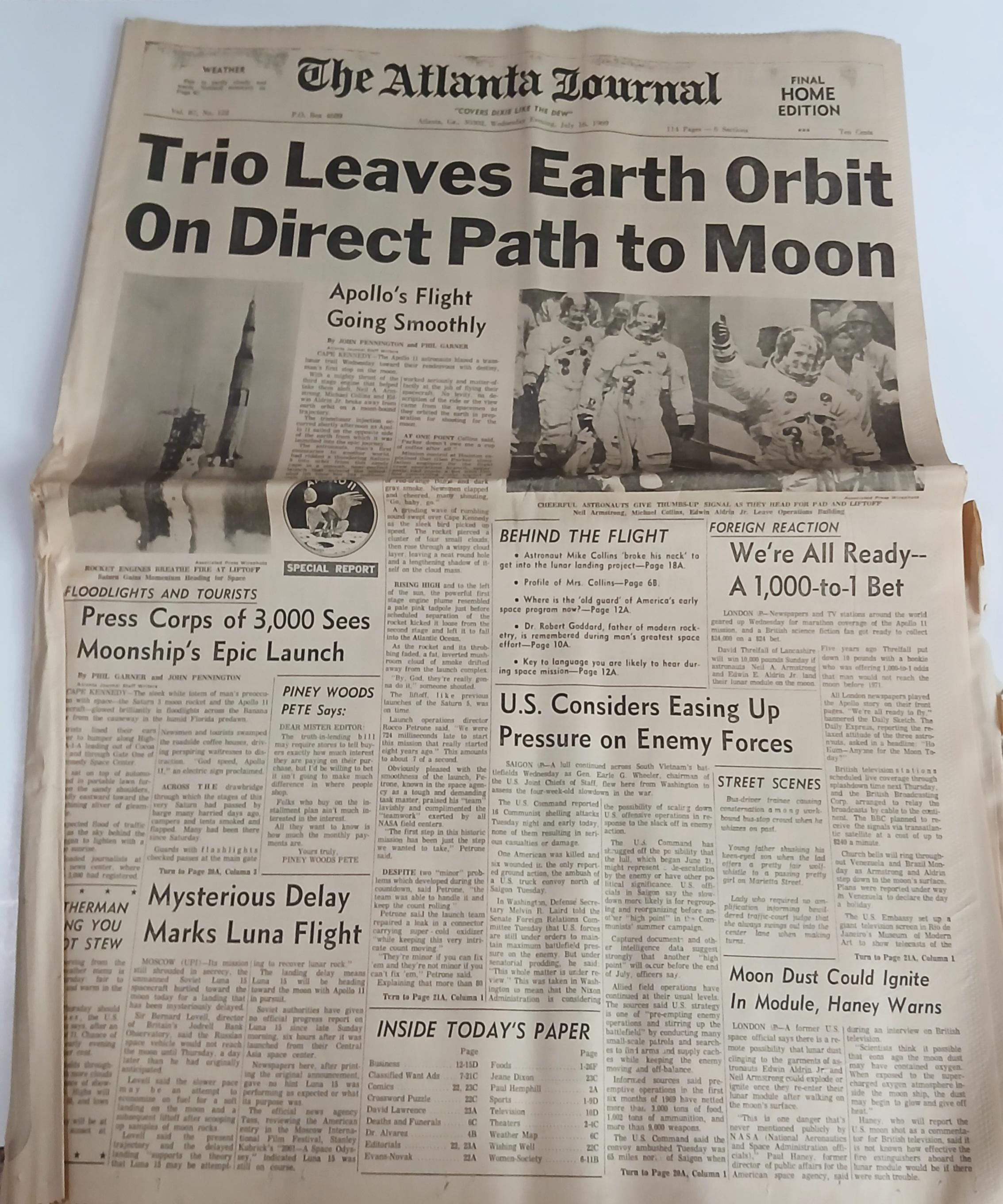 July 16, 1969 Apollo 11 Headline Newspaper the Atlanta Journal Vintage ...