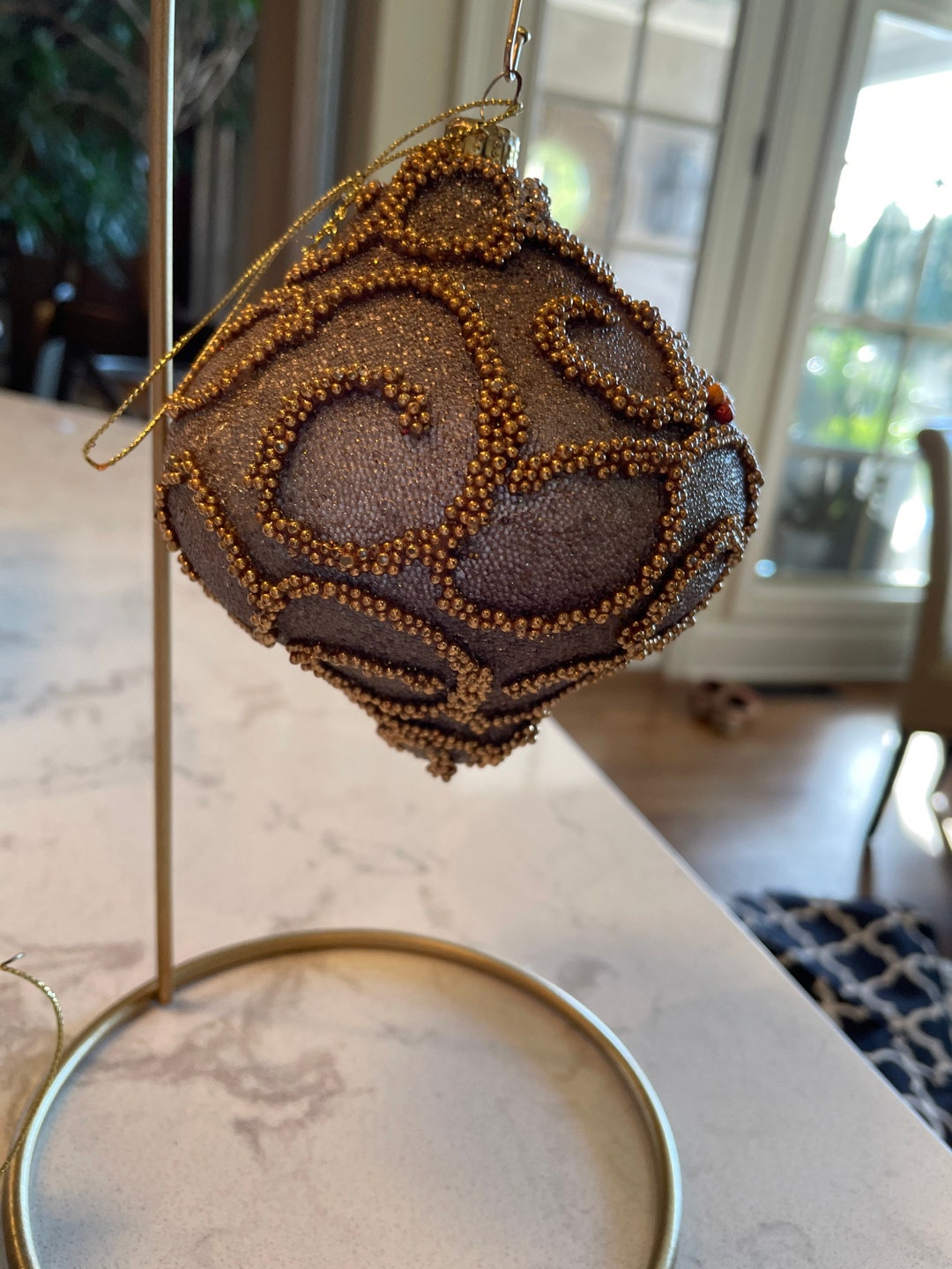 Raz 3 Piece Ornament Set. Matte Gold Seed Beads Swirl Over the Cocoa ...