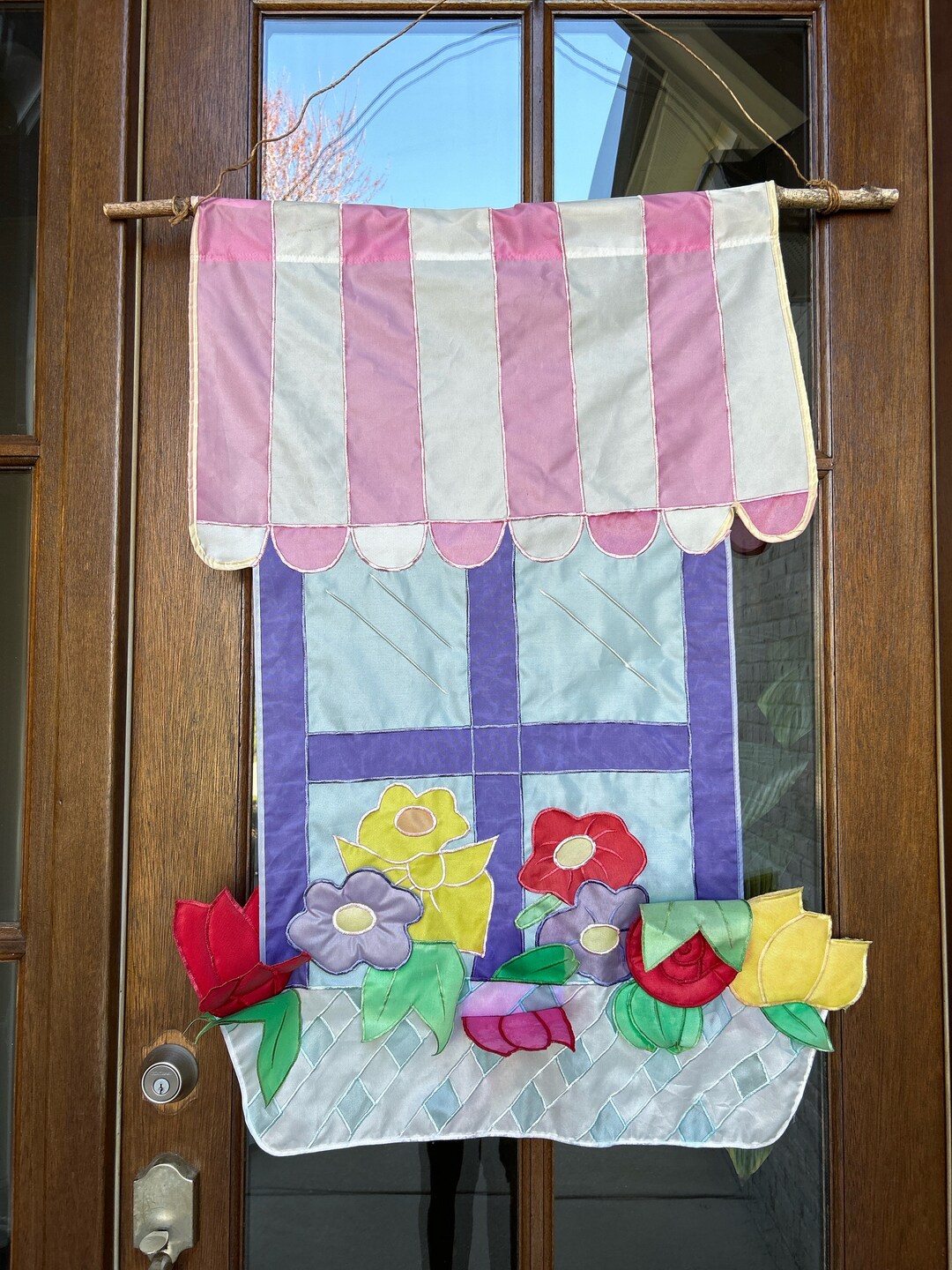 Spring Applique 3D Nylon House Flag W/ Pink Striped Awning Flowers ...