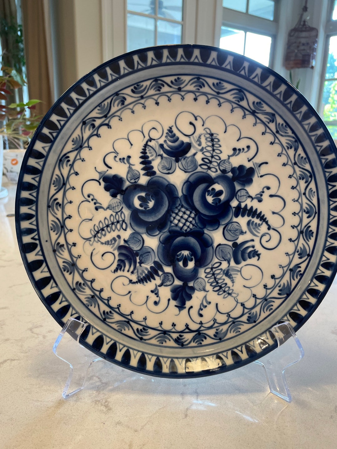 Vintage Russian Traditional GZHEL Folk Art Cobalt Blue & White With ...