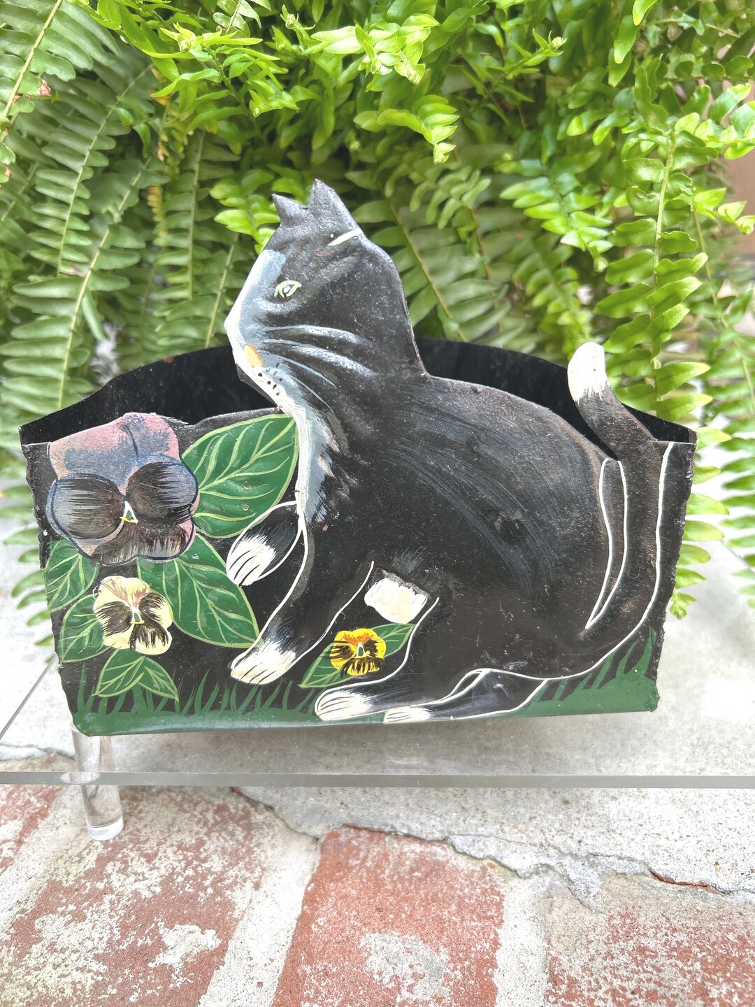 Vintage Toleware, Hand Painted Metal Cat Planter, Made in India, Black ...
