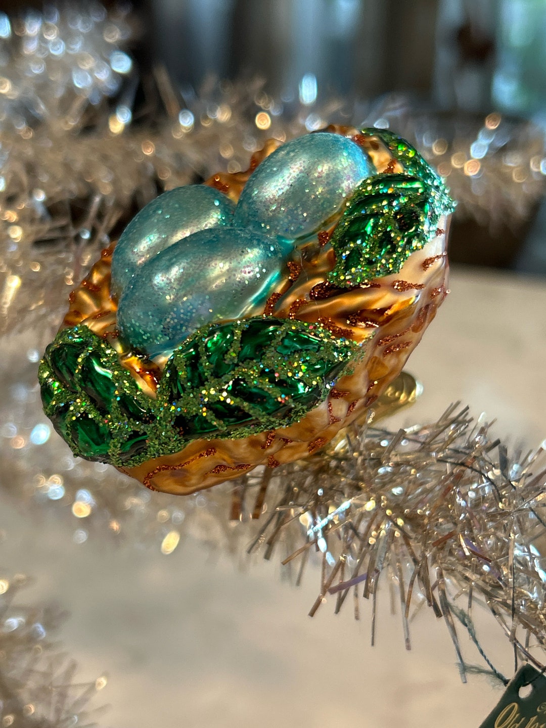 Vintage Old World Christmas OWC Clip Glass Bird's Nest/ Blue Eggs ...