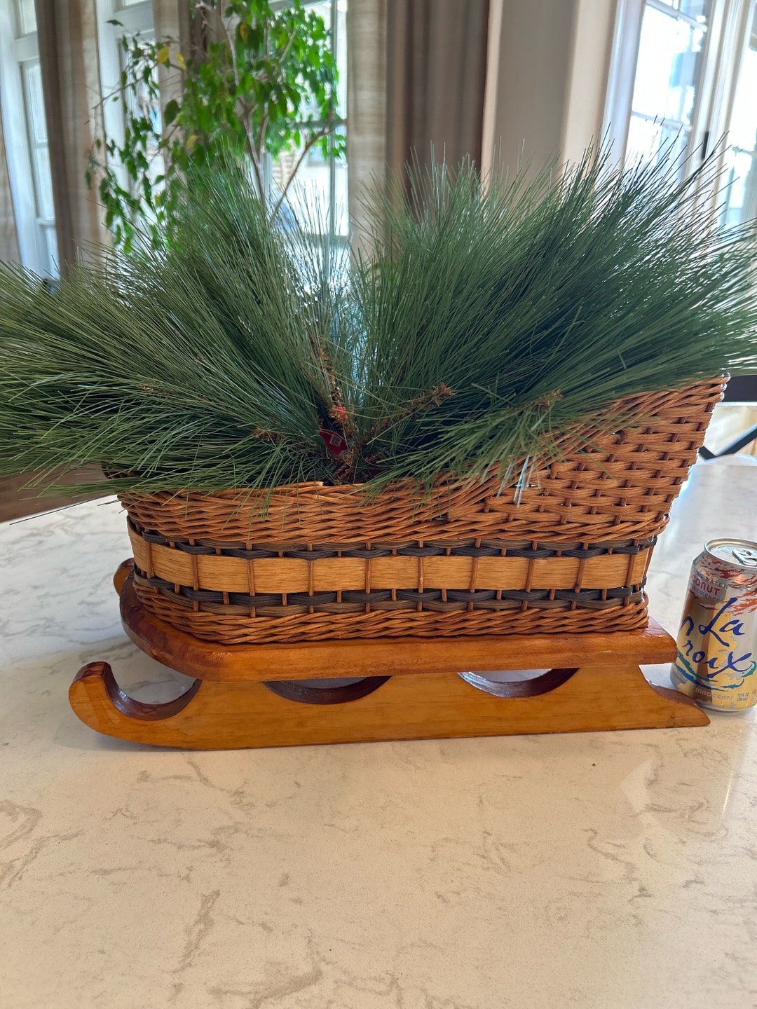 Vintage Christmas Large Wicker Wood Christmas Sleigh Centerpiece 17 1/2 ...