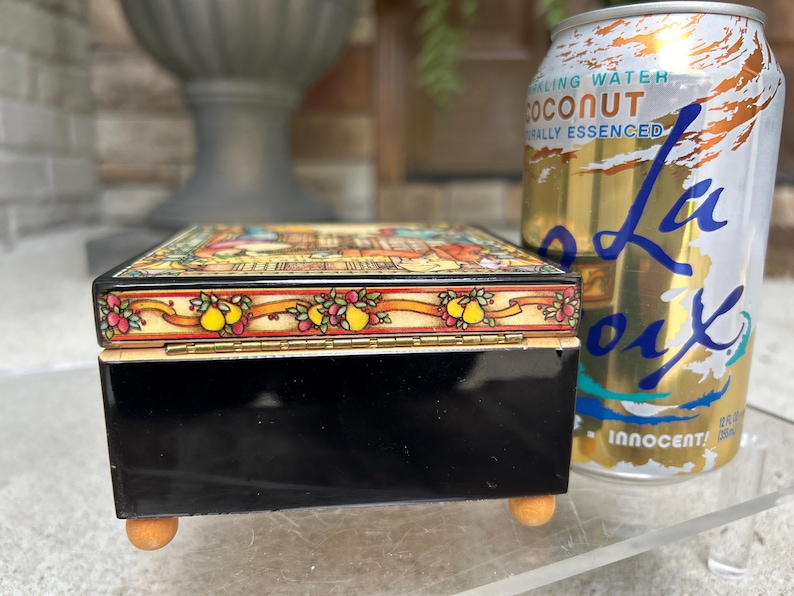 Vintage Enesco Wooden Lacquered Square Music Box, Scrooge & Tiny Tim ...