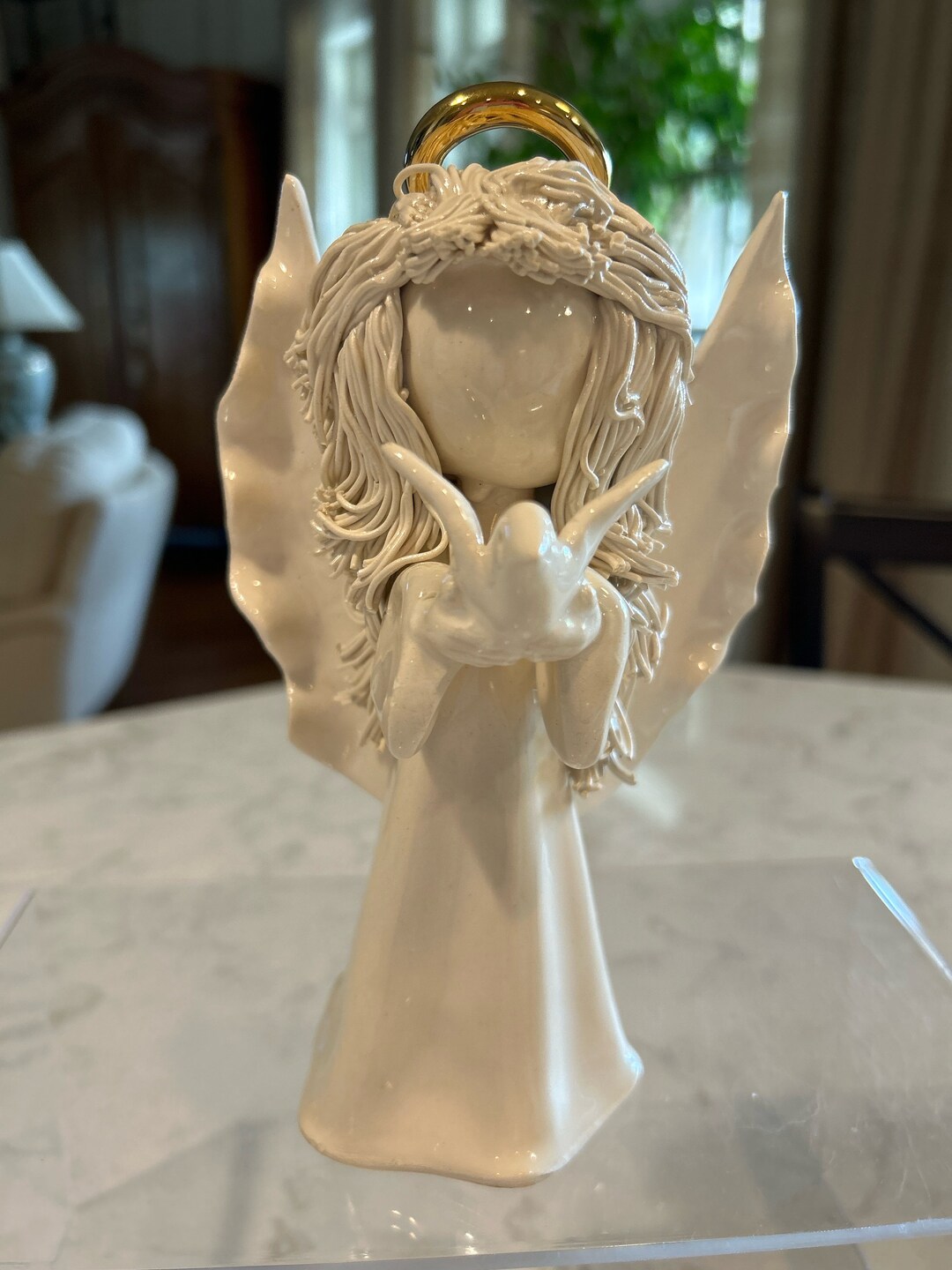 Clay Angel With Spaghetti Strand Hair, Holding Dove With Gold Hallow ...