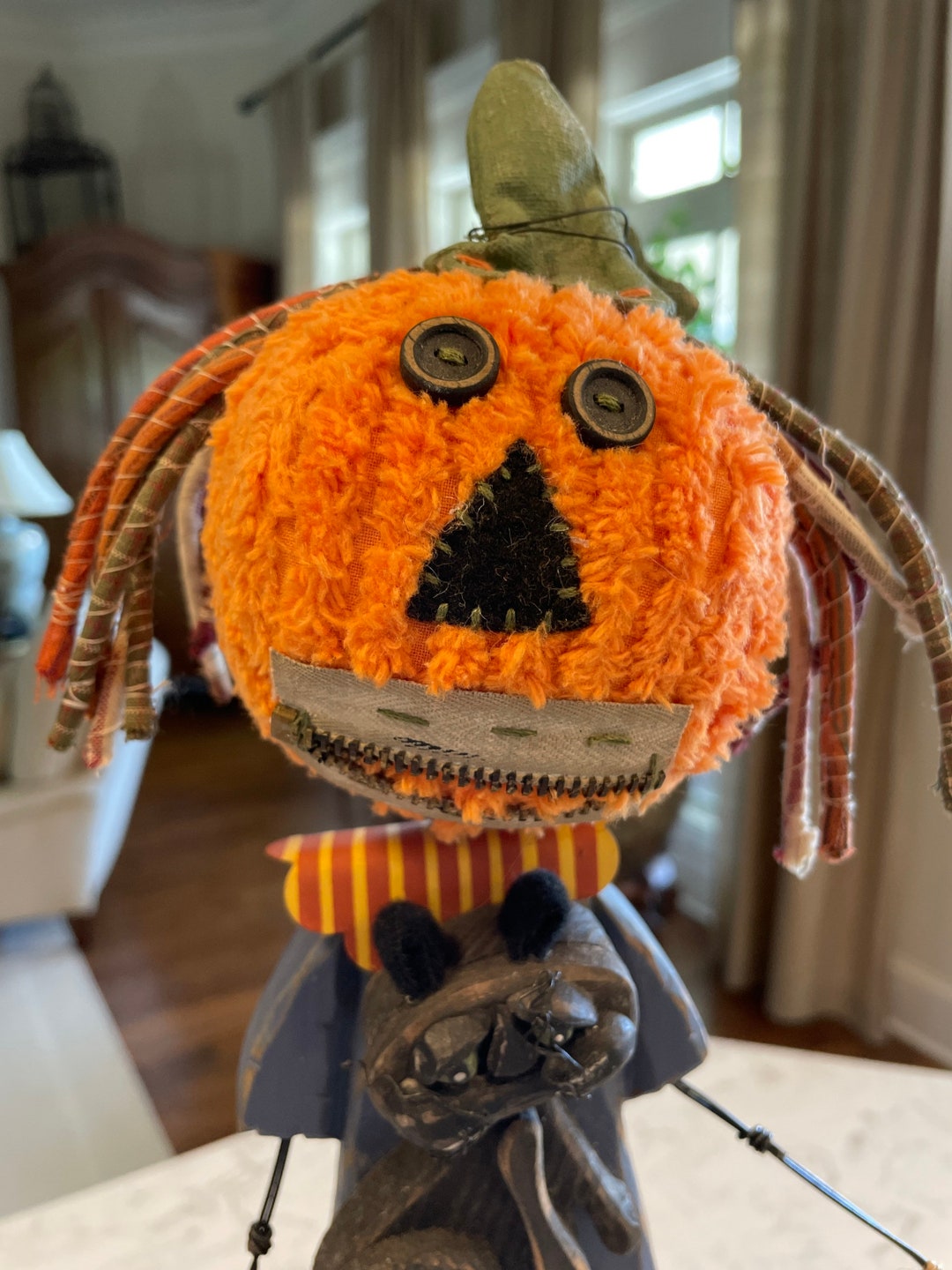 Vintage Halloween Primitive Folk Art Wooden Chenille Pumpkin Head ...