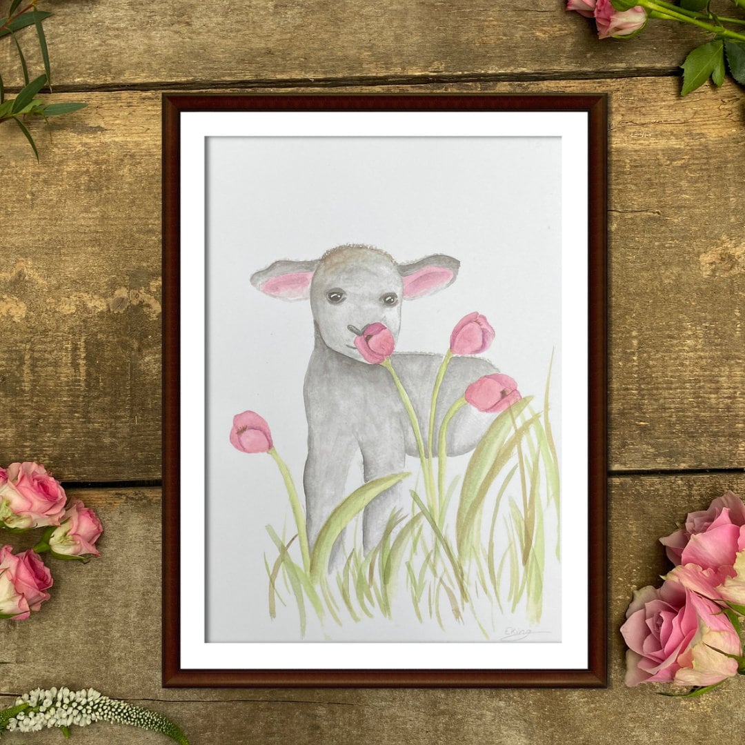 Watercolour A4 Spring Lamb Print, Lamb in Spring Flowers, British ...