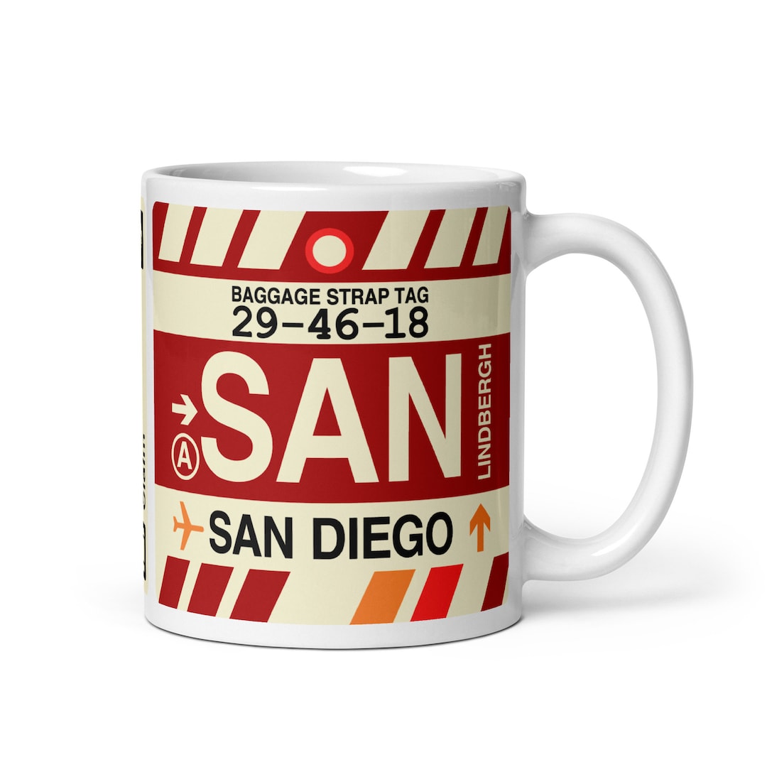 SAN DIEGO Coffee Mug • Vintage Baggage Tag Design With the SAN Airport ...