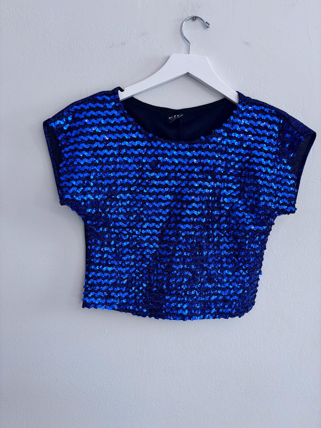 1980s Blue Sequin Short Vintage Top, 80s Crop Top Style Blue Blouse ...