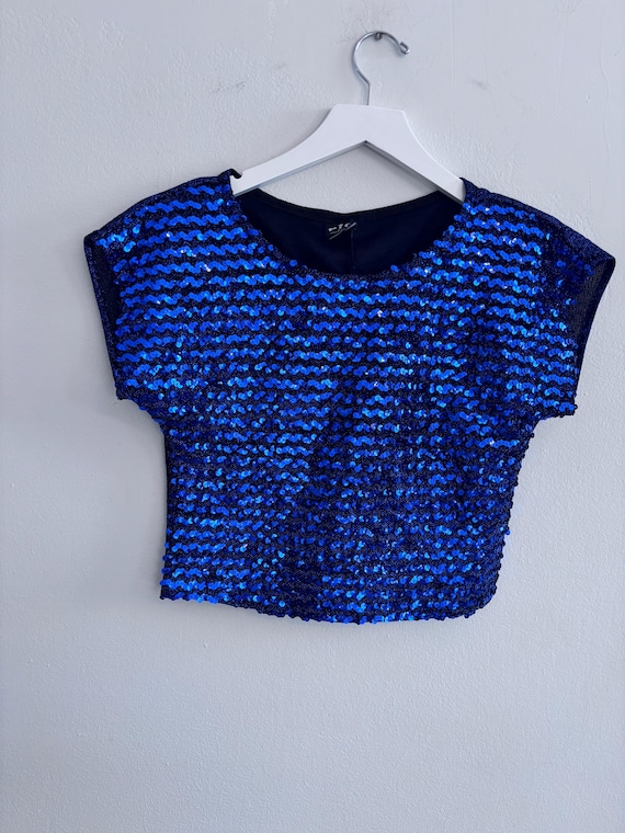 1980s Blue Sequin Short Vintage Top, 80s Crop Top Sty… - Gem