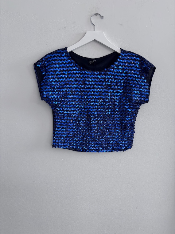 1980s Blue Sequin Short Vintage Top, 80s Crop Top Sty… - Gem