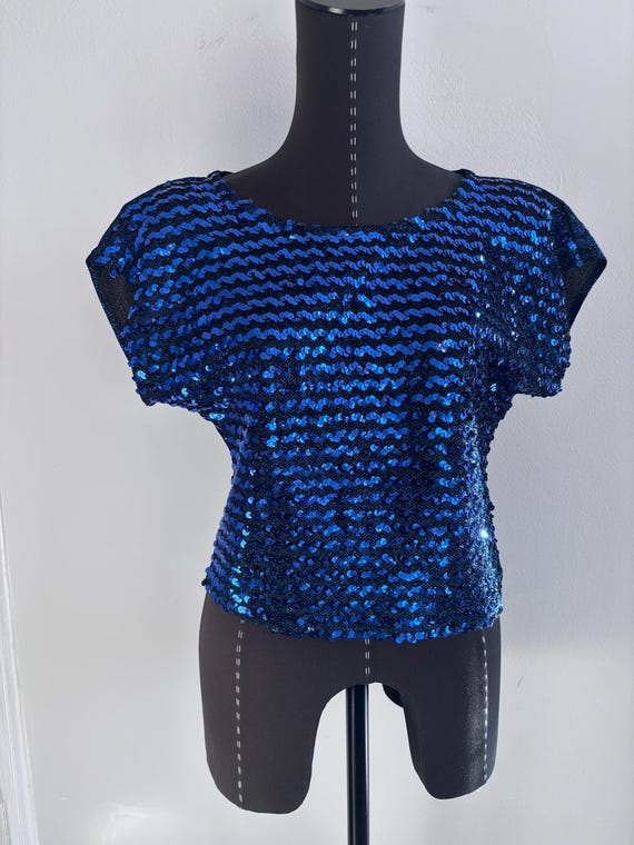1980s Blue Sequin Short Vintage Top, 80s Crop Top Sty… - Gem