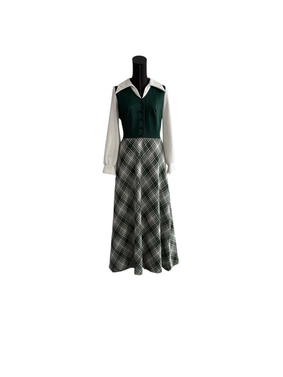 1970s Butterfly Collar White and Green Plaid Long Dress, Long Sleeve ...