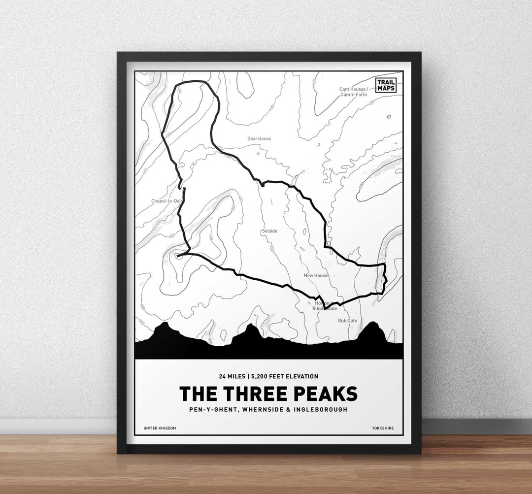 Yorkshire Three Peaks Challenge Trail Map Art Print Poster - Pen-y ...