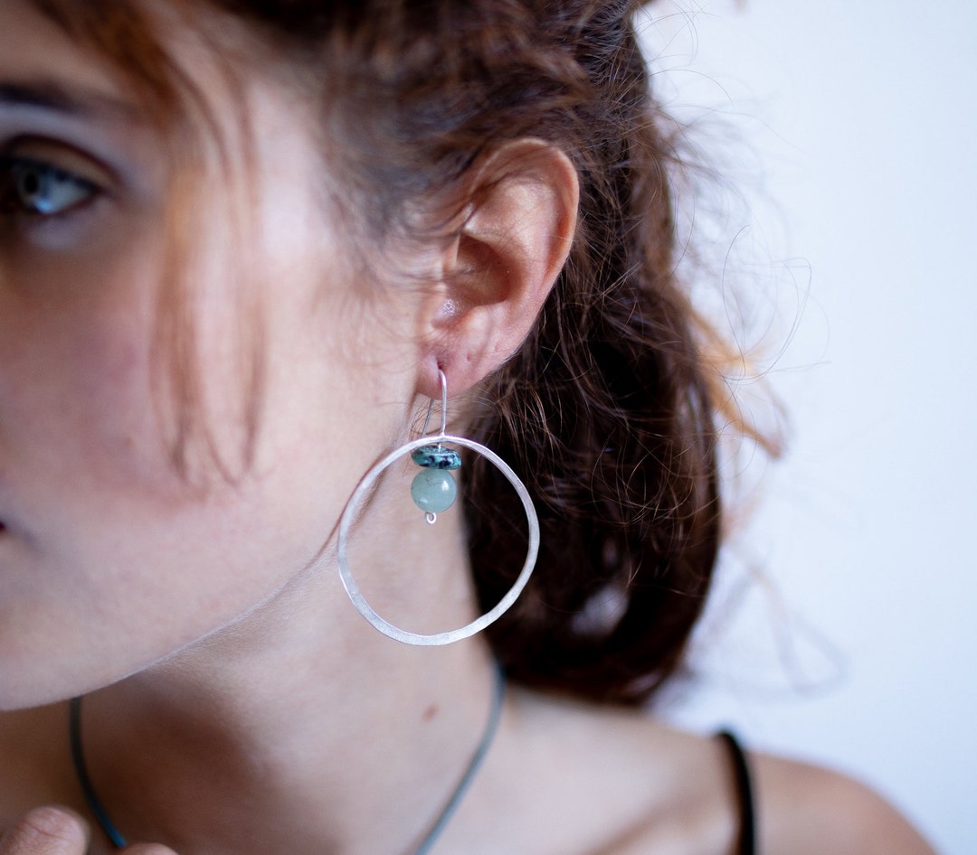 Raw Stone Earring Hoop Blue Sterling Silver Large Hoop - Etsy