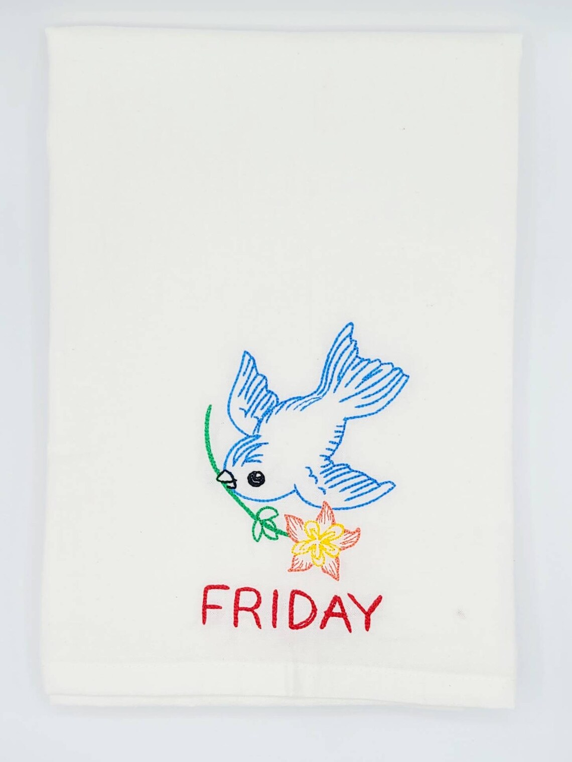 Blue Birds Days of the Week Machine Embroidered Flour Sack Dish Towels ...