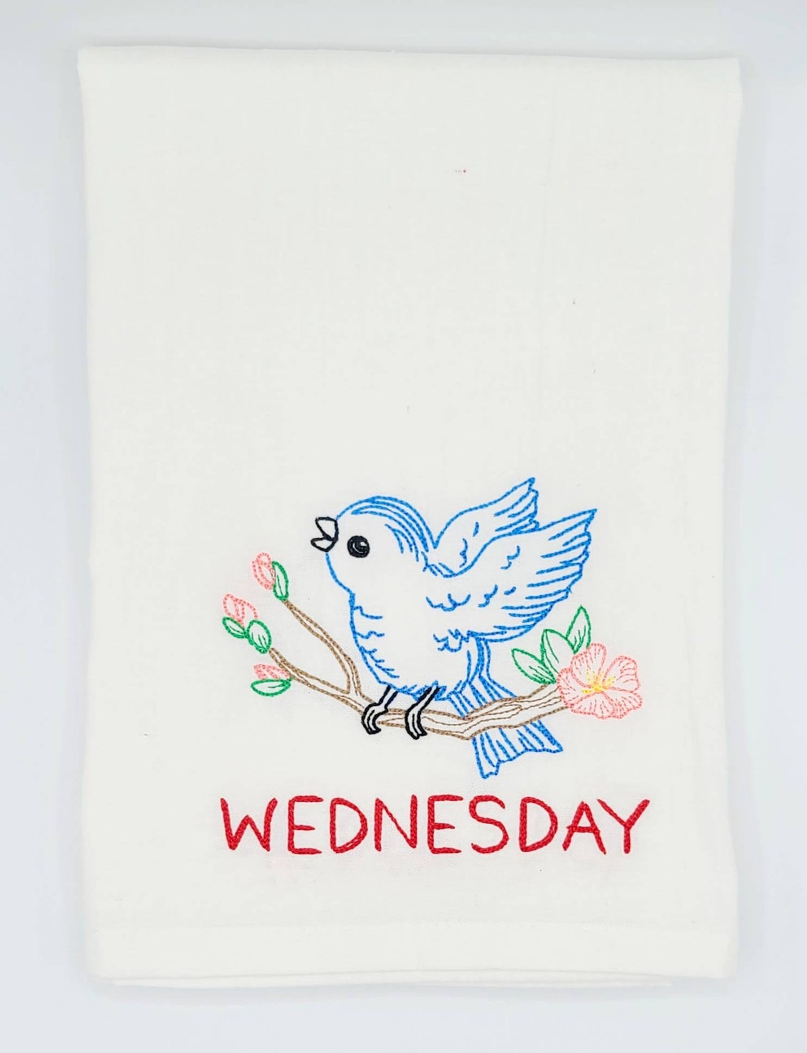Blue Birds Days of the Week Machine Embroidered Flour Sack Dish Towels ...