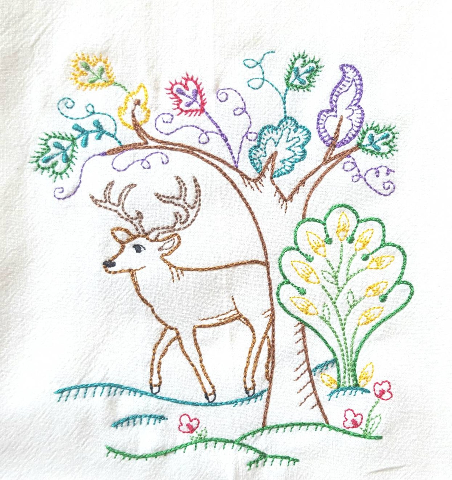 Bright Forest Buck Embroidered Flour Sack Dish Towel - Etsy