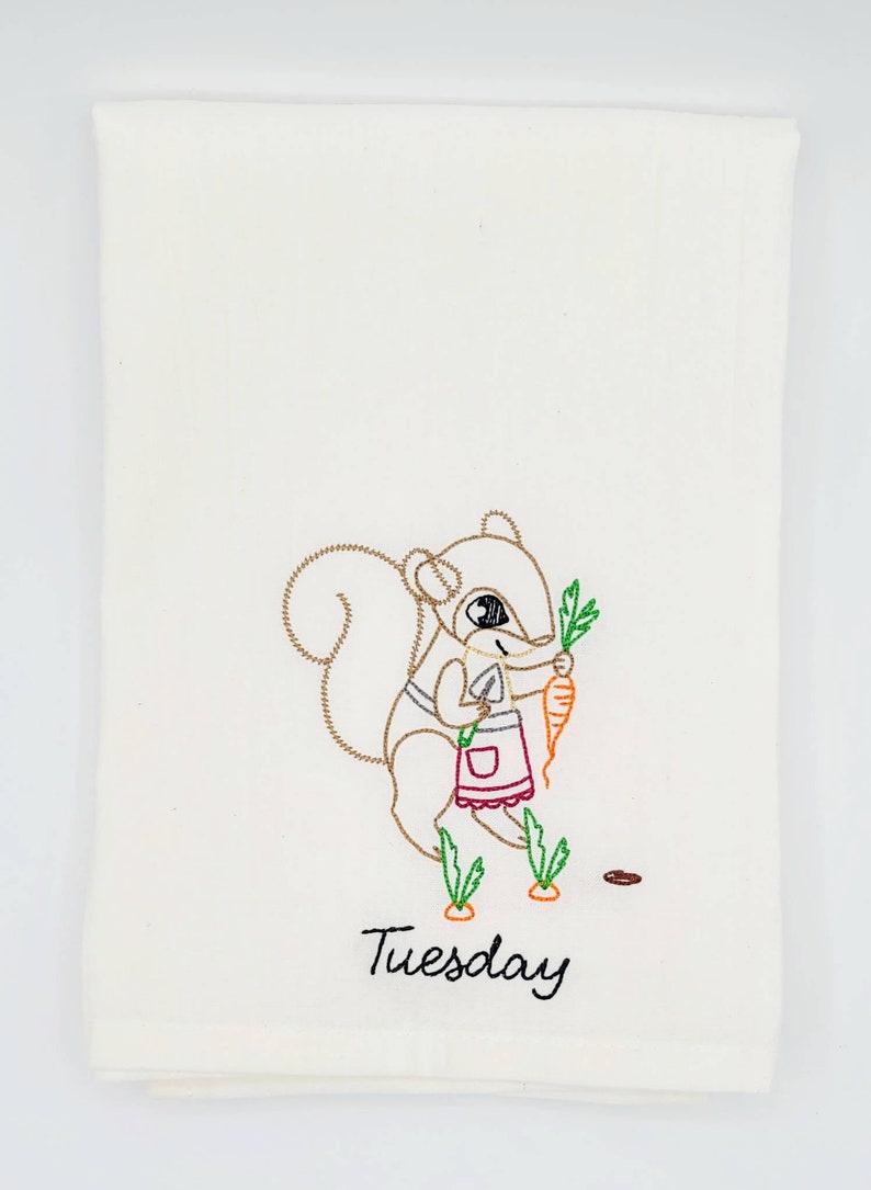 Squirrel Days of the Week Machine Embroidered Flour Sack Dish Towels - Etsy