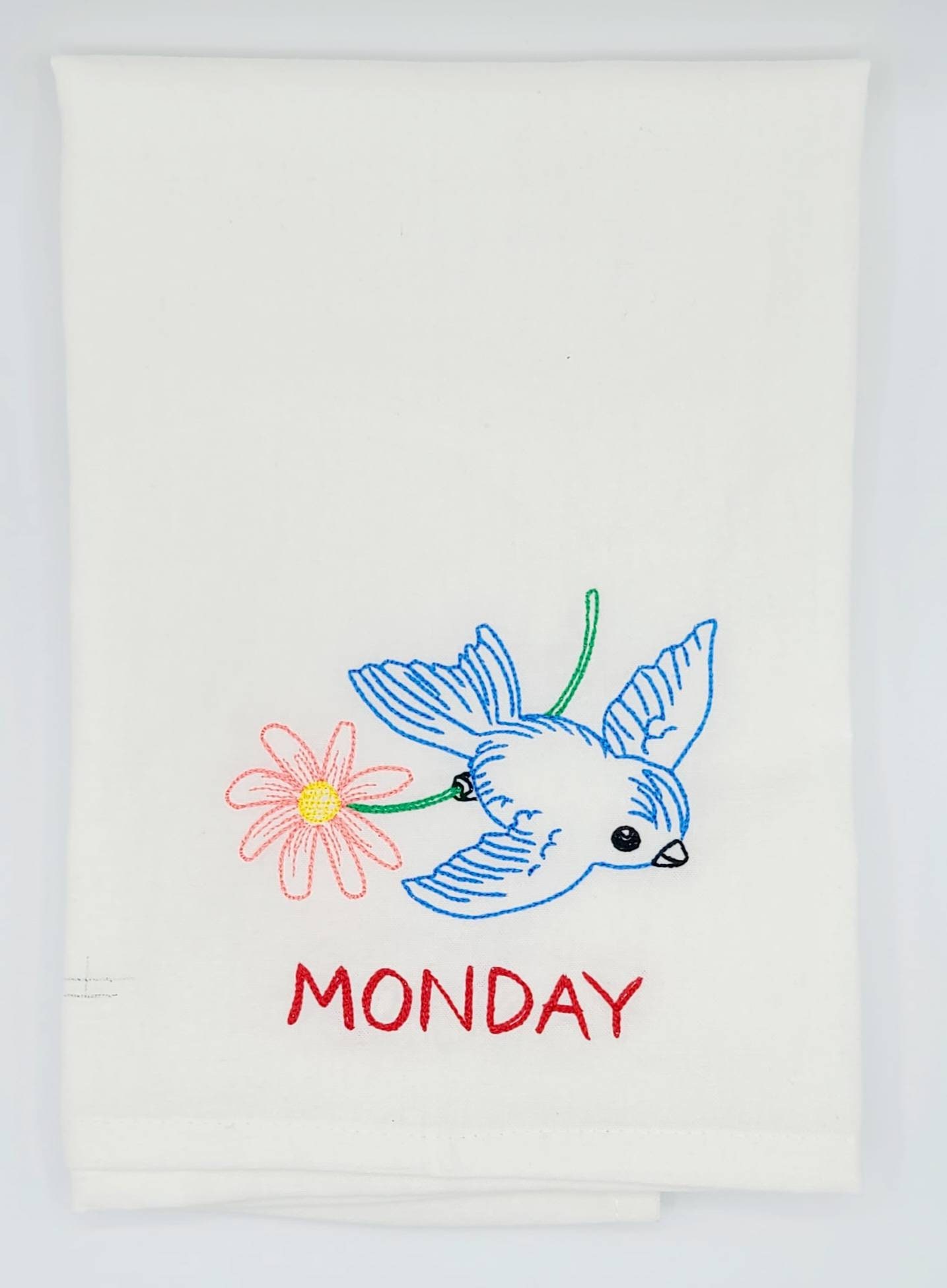 Blue Birds Days of the Week Machine Embroidered Flour Sack Dish Towels ...