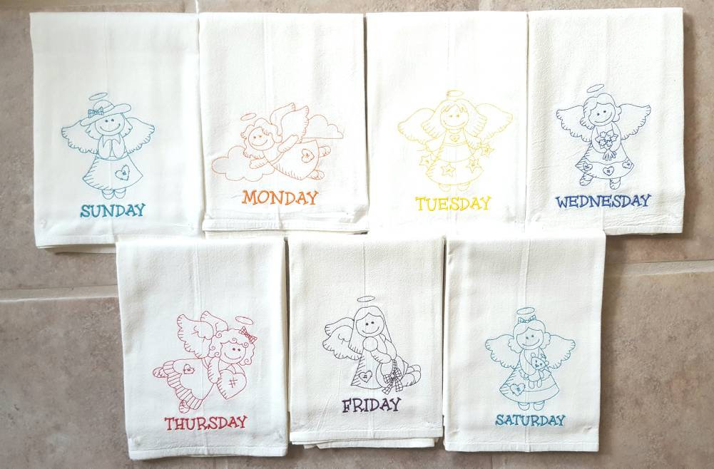 Colored Angels Days of the Week Embroidered Flour Sack Dish Towels - Etsy