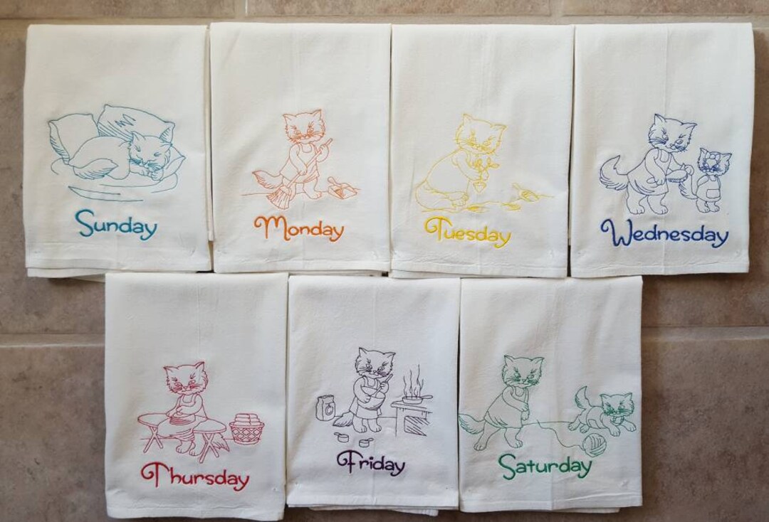 Colored Cats Days of the Week Machine Embroidered Flour Sack Dish ...