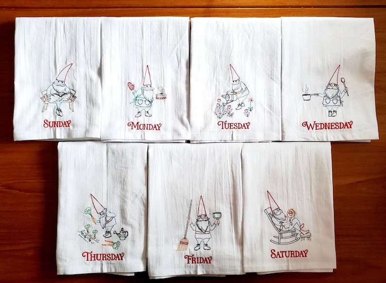 Summer Gnome Days of the Week Machine Embroidered Flour Sack Dish ...