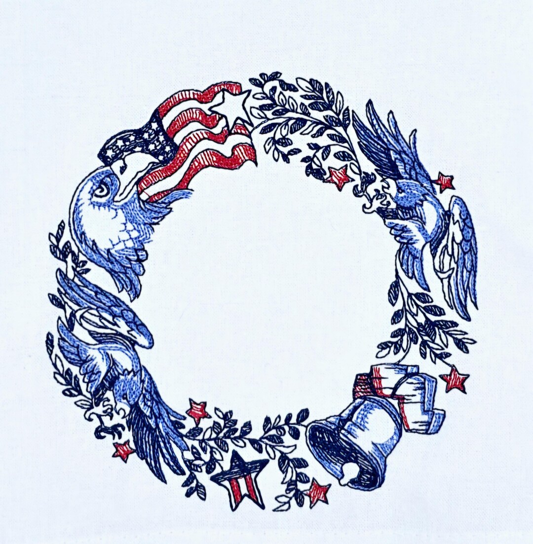Patriotic American Emblems Wreath Machine Embroidered Flour Sack Dish ...