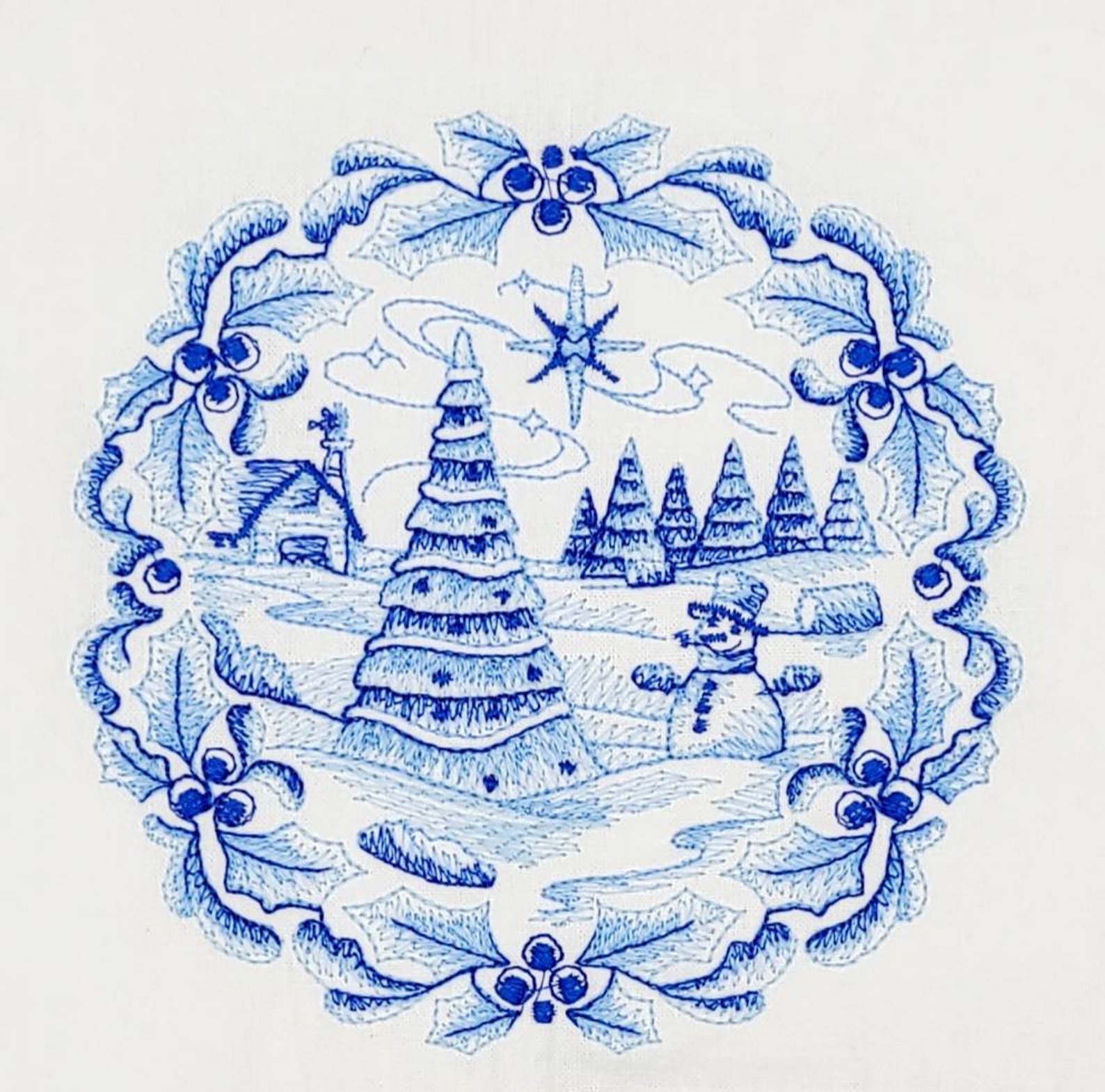 Delft Blue Christmas Snowman Machine Embroidered Flour Sack Dish Towel ...
