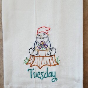 Garden Gnome Days of the Week Machine Embroidered Flour Sack Dish ...
