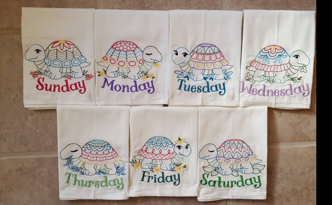 Turtle Days of the Week Machine Embroidered Flour Sack Dish Towels - Etsy