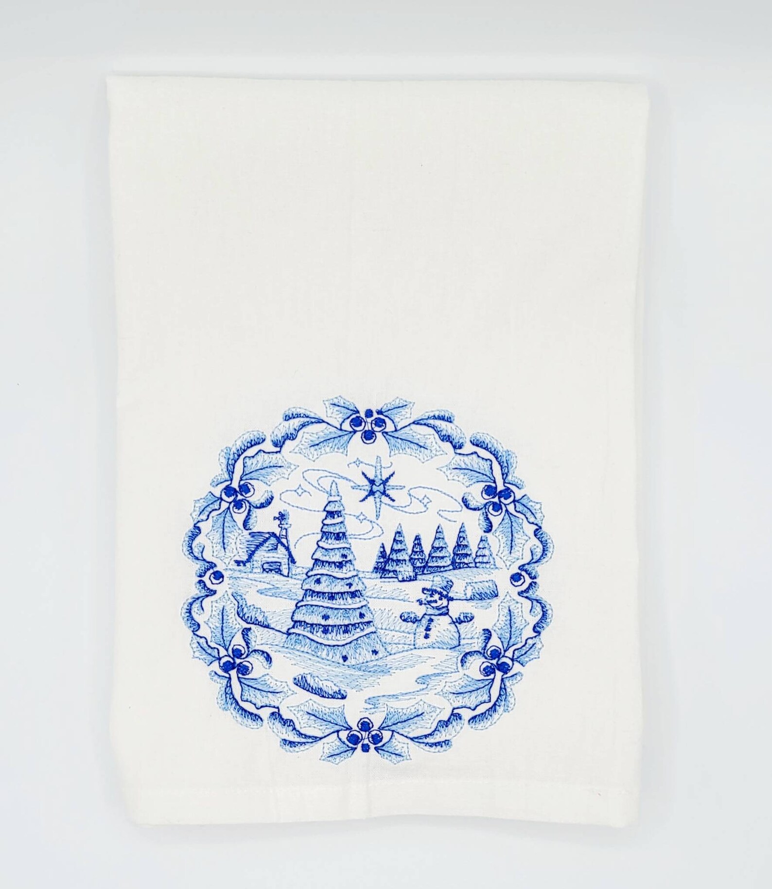 Delft Blue Christmas Snowman Machine Embroidered Flour Sack Dish Towel ...