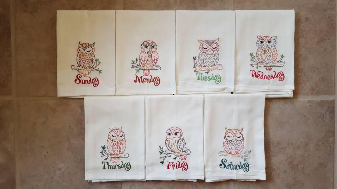 Owls Days of the Week Machine Embroidered Flour Sack Dish Towels - Etsy