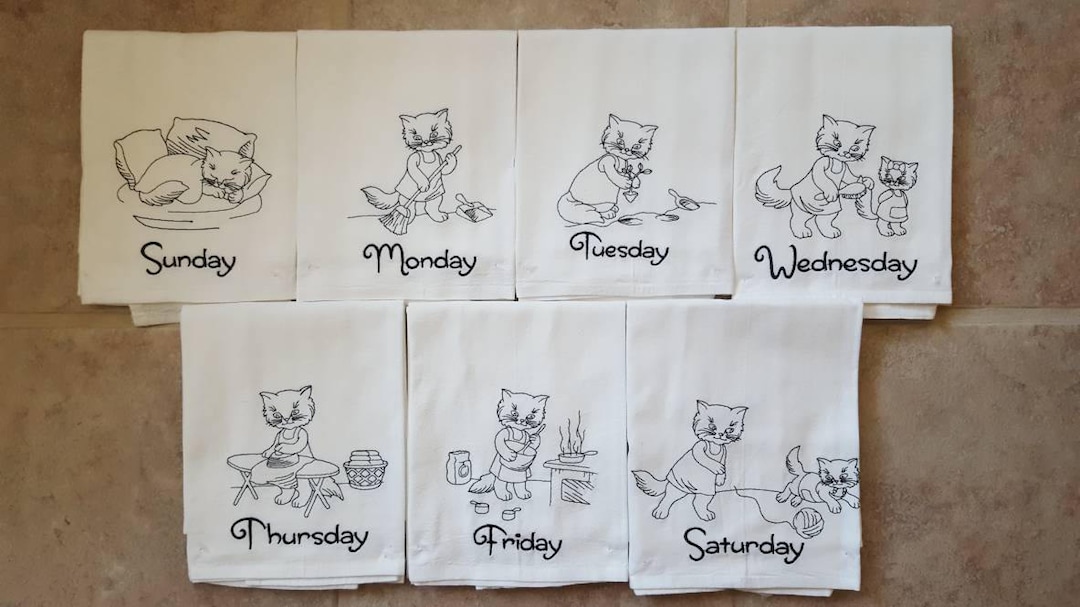 Black Cats Days of the Week Machine Embroidered Flour Sack Dish Towels ...