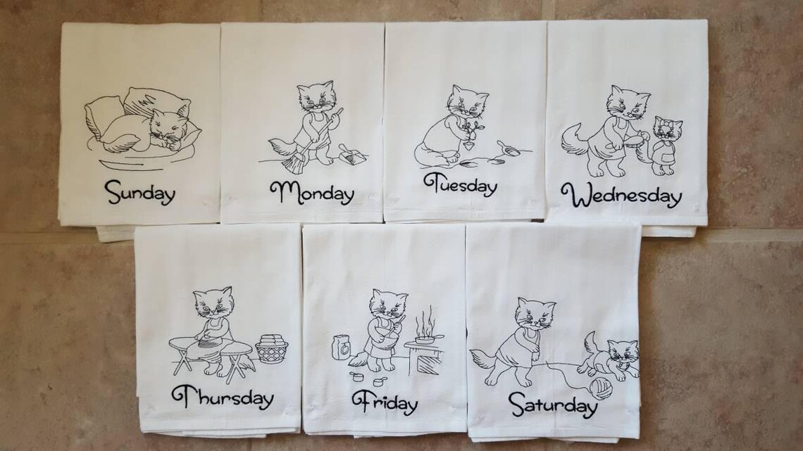 Black Cats Days of the Week Machine Embroidered Flour Sack | Etsy
