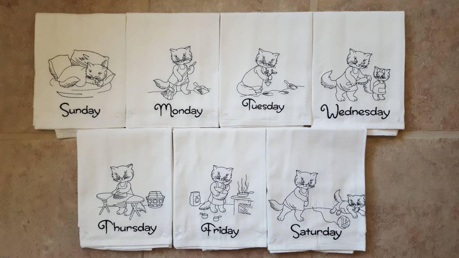 Black Cats Days of the Week Machine Embroidered Flour Sack | Etsy