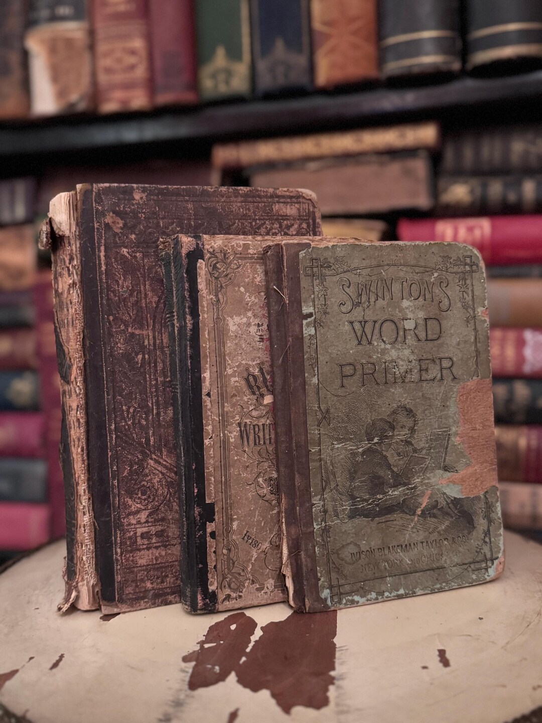 Set of 3 Antique Books Reading Arithmetic Book Decorative Collectible ...