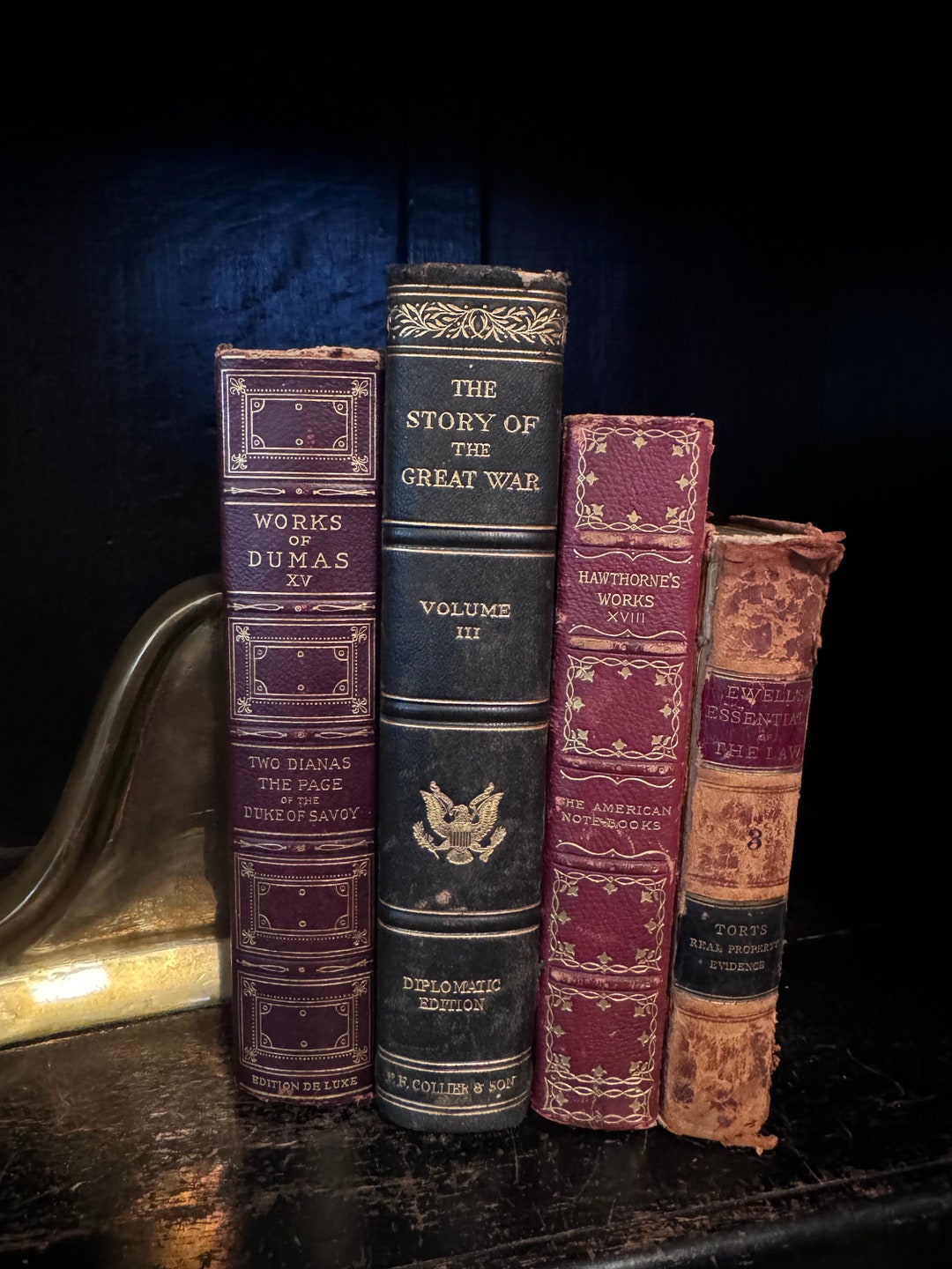Set of 4 Antique Leather Bound Books Gold Embossed Library Staging ...