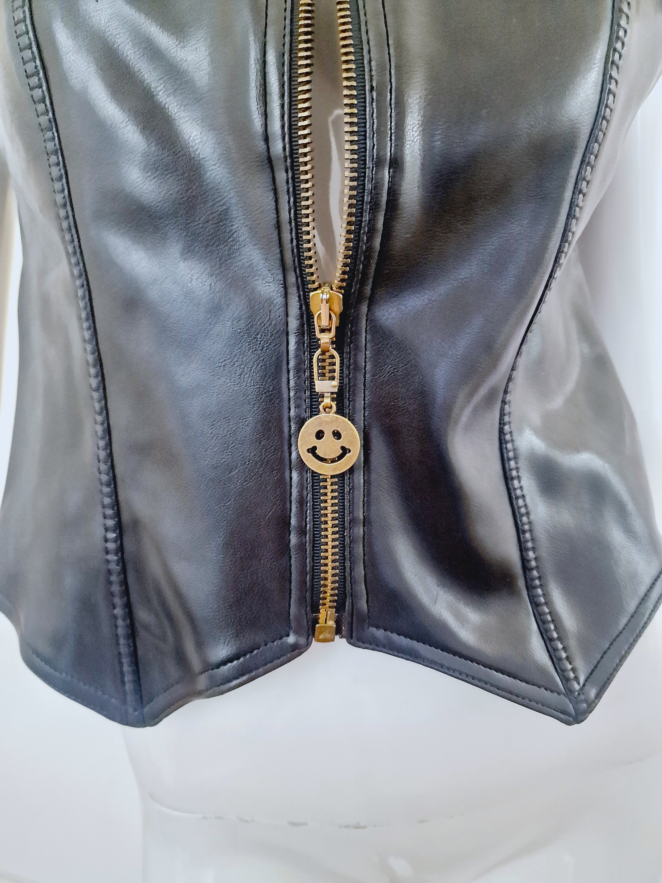 Moschino Faux Leather Biker Peace Sign Zipper Smiley Metal Vintage ...