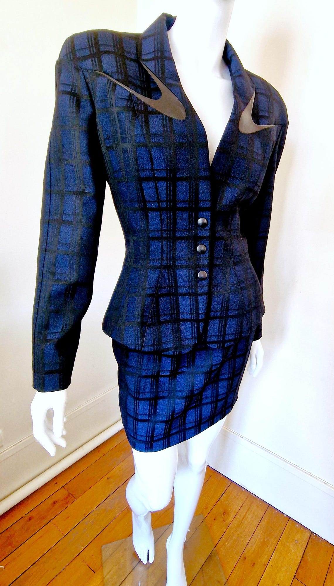 Thierry Mugler Bee Tartan Plaid Checked Couture Les Insects Wool Blue ...