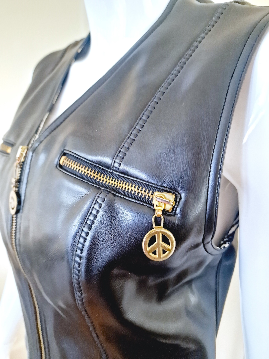 Moschino Faux Leather Biker Peace Sign Zipper Smiley Metal Vintage ...
